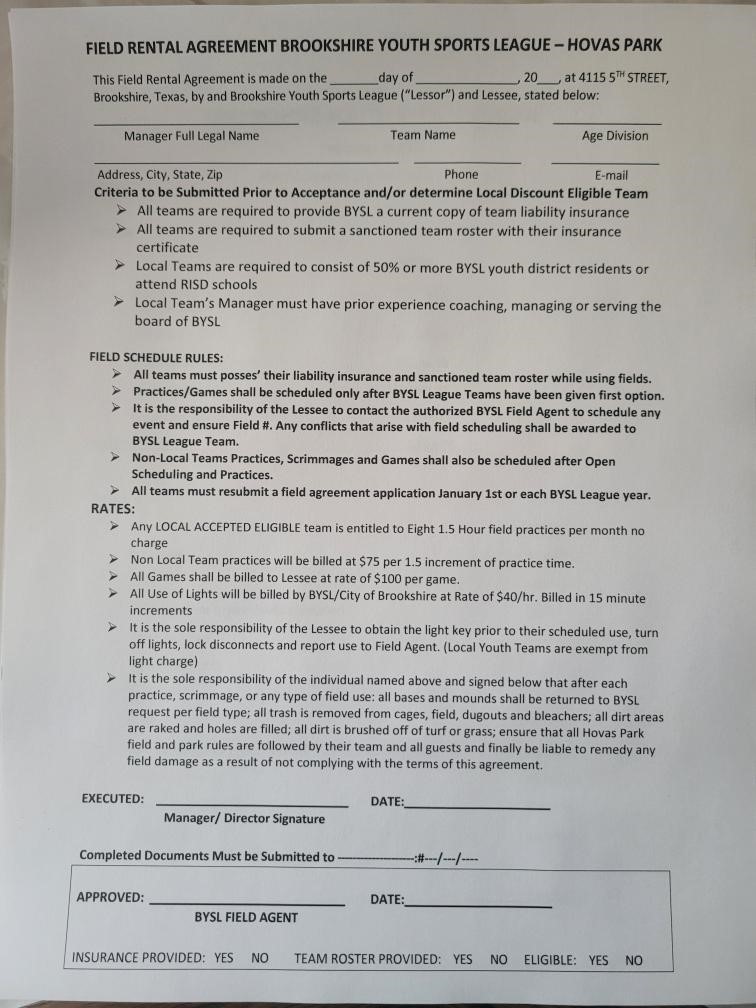 Field Rental Agreement - Brookshire Youth Sports League